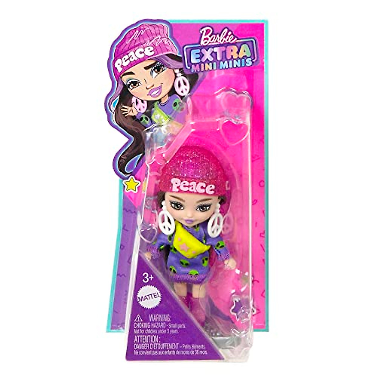 Barbie Extra Mini Minis Doll with Brunette Hair, Alien Sweater Dress & Peace Sign-Themed Accessories & Stand, 3.25-inch