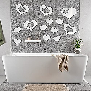 KIMOBER 13PCS Heart Shape Mirror Wall Stickers, Valentine's Day Silver Acrylic Removable Self-Adhesive Mirror Decals for Home Decorations