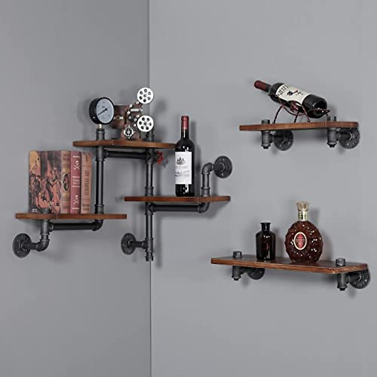 SSS Furniture Industrial Floating Pipe Wall Shelves Rustic Wood Shelving, 5 Layer Pipe Design Bookshelf DIY Shelving for Living Room Bathroom Farmhouse Bar Industrial Decor