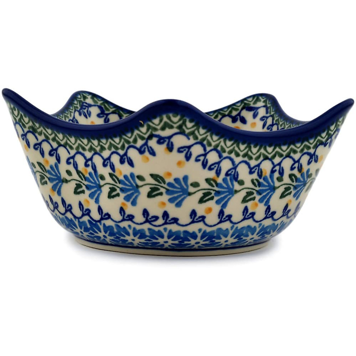 Authentic Polish Pottery 7-inch Bowl made by Ceramika Artystyczna (Blue Fan Flowers Theme) + Certificate of Authenticity