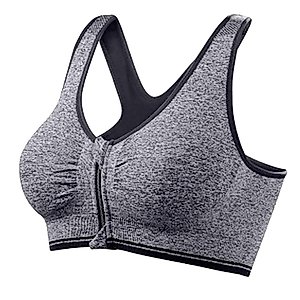 JFLYOU Bra For Women,Ladies Zip Front Sports Bra Wireless Post Surgery Bra Active Yoga Sport Yoga Bra(Gray,X-Large)