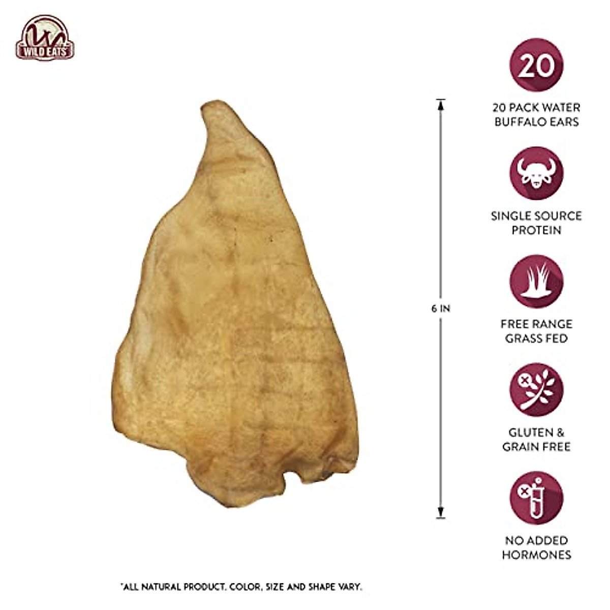 Wild Eats Water Buffalo All Natural Ear Dog Chews, Dog Treats & Dog Snacks - 20 Piece Value Pack (Grain Free Dog Treats - Great Alternative to Pig Ears, Cow Ears, Dog Bones & Rawhides for Dogs)