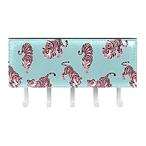 Leather Hook Rack Rail Wall Mounted, Pink Tige Pattern Blue Background Coat and Hat Self Adhesive Hooks up for Hanging Pant Towel Key Purse Kitchenware