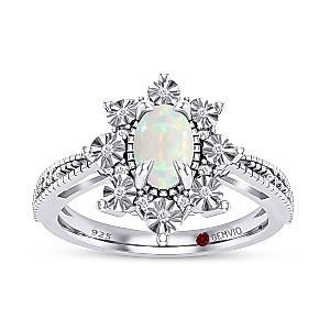 GEMVIO Collection 1/2 CT 6X4MM Oval Cut Natural White Opal Gemstone With Diamond Sunburst Frame Vintage-Style Halo Ring In 14K White Gold Over Sterling Silver Engagement Wedding Ring(0.50Cttw)-9