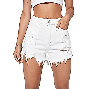 WDIRARA Women's Mid Rise Raw Hem Distressed Ripped Casual Denim Shorts Snow White M