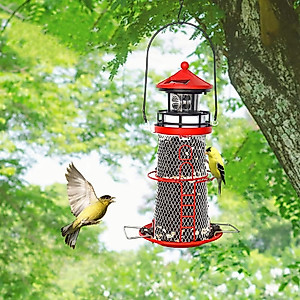 HSHD Solar Lighthouse Bird Feeder with Rotating Beacon Lamp - 14" Hanging Mesh Wild Bird Feeders for Outdoor Garden Decor Patio Lawn(Red)