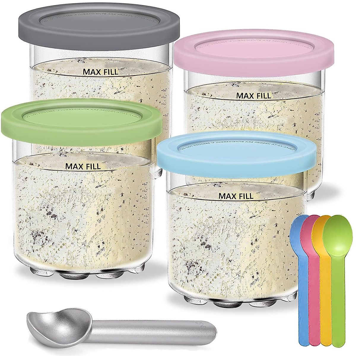 FORTHEAL Creami Pints and Lids for Ninja Creami, Pint Container & Lid, 4 Pack 16 oz, Fits NC299AMZ & NC300s Series Creamer Ice Cream Maker, with Ice Cream Spoon
