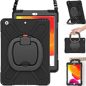 BRAECN Case for 10.2 Inch 9th/8th/7th Generation, Heavy Duty Silicone Case with Built-in Screen Protector, Handle Grip, Kickstand, Strap, Pencil Holder,Pencil Cap Holder for 10.2” 2021/2020/2019-Black