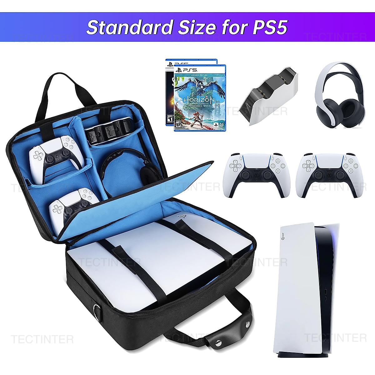 TECTINTER Carrying Case for PS5, Protective Travel Bag for PS 5 Console Controller, Large Capacity Storage Case Compatible with Playstation 5 Games Accessories Disk Digital Edition, Black