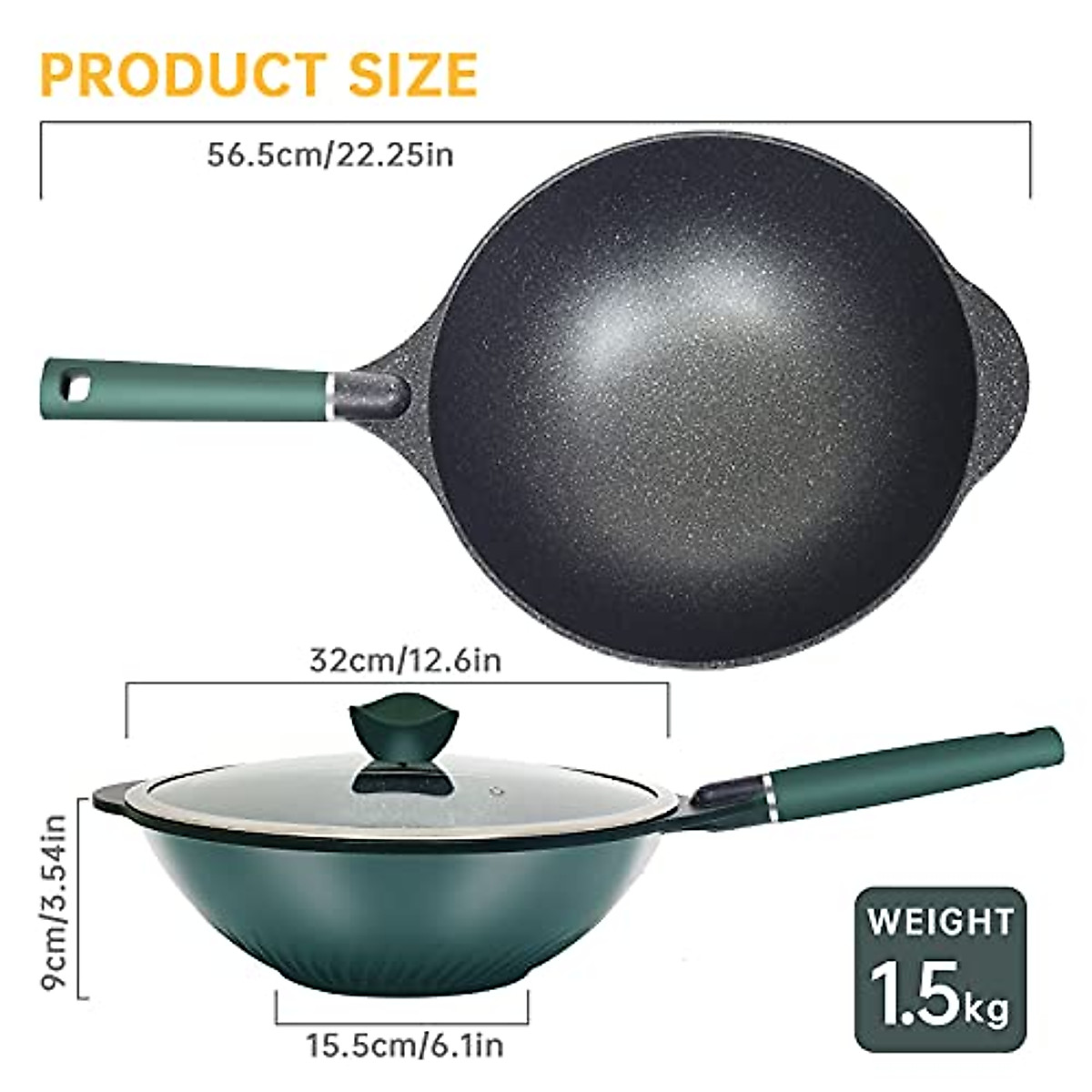 MEGOO Kitchenware cookwear Non Stick Wok Pan With Lid,(PFA,PFOA Free),Frying Wok Pan Suitable For Induction,Gas Cooktops,Ceramic And Electric Stove (Aluminium, 12 Inch)