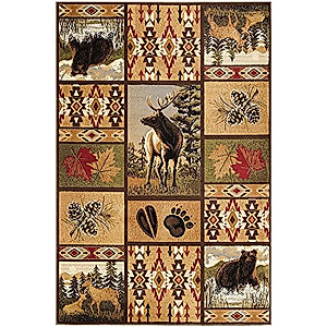 Champion Rugs Wildlife Cabin Nature Bear and Elk Scene Area Rug (3 Feet 10 Inch X 5 Feet 2 Inch)