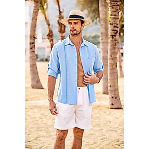 COOFANDY Mens Shirts Long Sleeve Cuban Camp Guayabera Shirt Linen Beach Button Down Shirts Light Blue