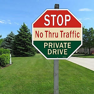 Stop No Thru Traffic Private Drive Sign 12" x 12" Private Driveway Sign Metal Reflective No Thru Traffic Sign Rust Free Aluminum Stop Sign UV Protected Waterproof Outdoor Use 2 Pack