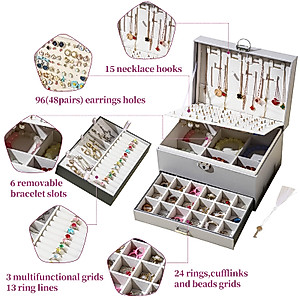 BOOVO Earring Jewelry Box For Women Girl Stud Organizer, 5 Layers Girl Jewelry Organizer Box With Lock Earring Holder Organizer Necklace Ring Jewelry Organizer Box For Girls (grey)