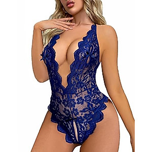 UFZIJP Women One Piece Lingerie Deep V Teddy Sexy Lace Bodysuit (XL, Bow Ties Blue)
