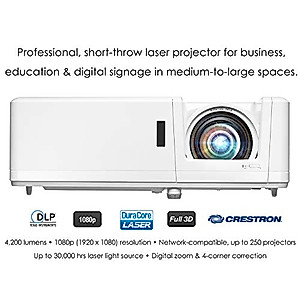 Optoma ZH406ST Short Throw Full HD Professional Laser Projector | DuraCore Laser Technology | High Bright 4200 lumens | 4K HDR Input | Four Corner Image Adjustment | Network Compatible