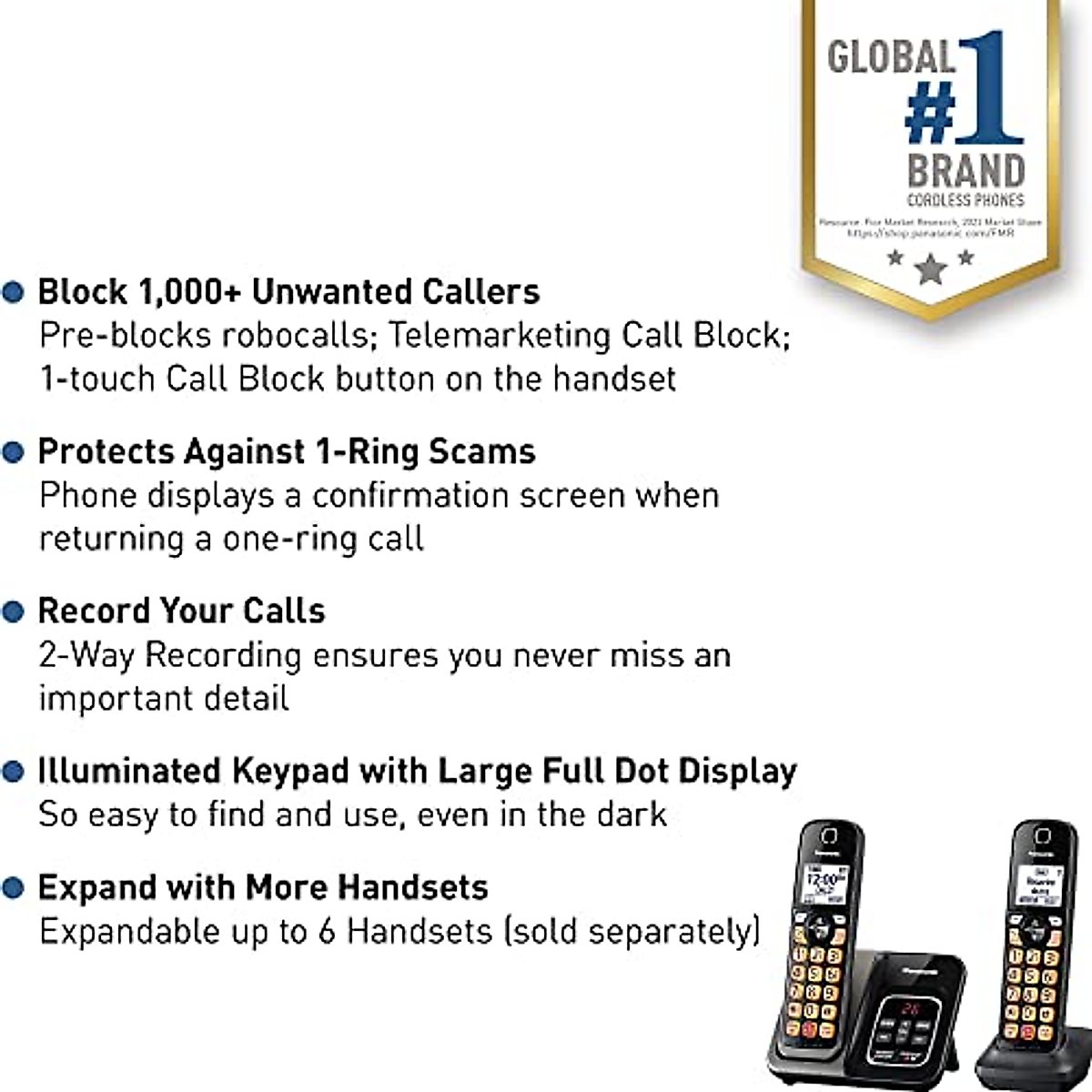 Panasonic Cordless Phone with Answering Machine, Advanced Call Block, Bilingual Caller ID and Easy to Read High-Contrast Display, Expandable System with 2 Handsets - KX-TGD832M (Metallic Black)