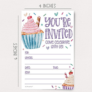 Cupcake Birthday Party Invitations (20 Count With Envelopes) - Watercolor Cupcakes And Sprinkles Birthday Invites
