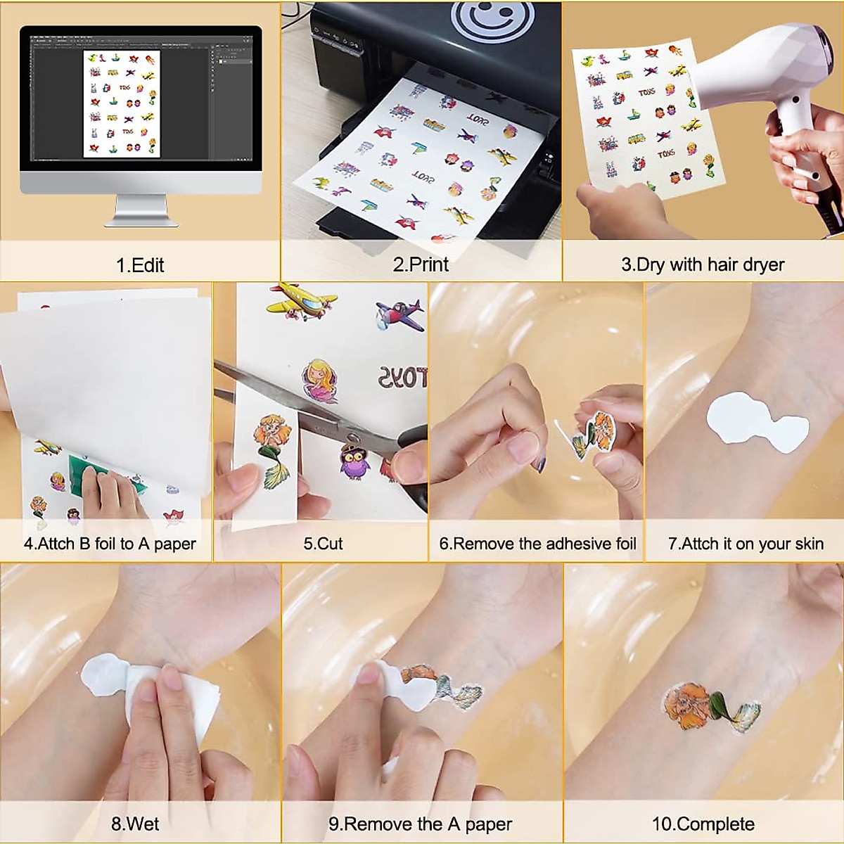 Stampcolour Printable Temporary Tattoo Paper for INKJET Printer, 8.5"X11" 5 Sheets DIY Tattoos Stickers,Personalized Image Transfer for skin Custom Waterslide Decal for Universal Adult Child