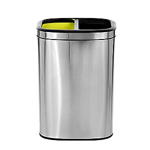 Alpine Industries 40 Liter / 10.5 Gal Stainless Steel Dual Compartment Trash Can - Compact Garbage Bin - Wide Open Top Slender Durable Receptacle with Sturdy Plastic Liner