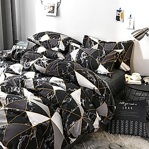 Houseri Queen Comforter Set Black White Grey Geometric Marble Plaid, 3 Pieces All Season Modern Chic Black Gold Line Bedding Sets Queen Size Soft Comfy Women Men Boys Aesthetic Diamond Grid Bed Quilt