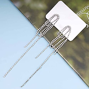 Yheakne Rhinestone Tassel Ear Jacket Earrings Long Rhinestone Chain Earrings Silver Crystal Tassel Earrings Vintage Chandelier Chain Earrings Luxury Statement Earrings Jewelry for Women and Girls Gifts