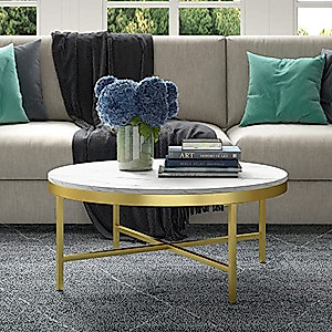Henn&Hart 36" Wide Round Coffee Table with Faux Marble Top in Brass/Faux Marble, Modern coffee tables for living room, studio apartment essentials