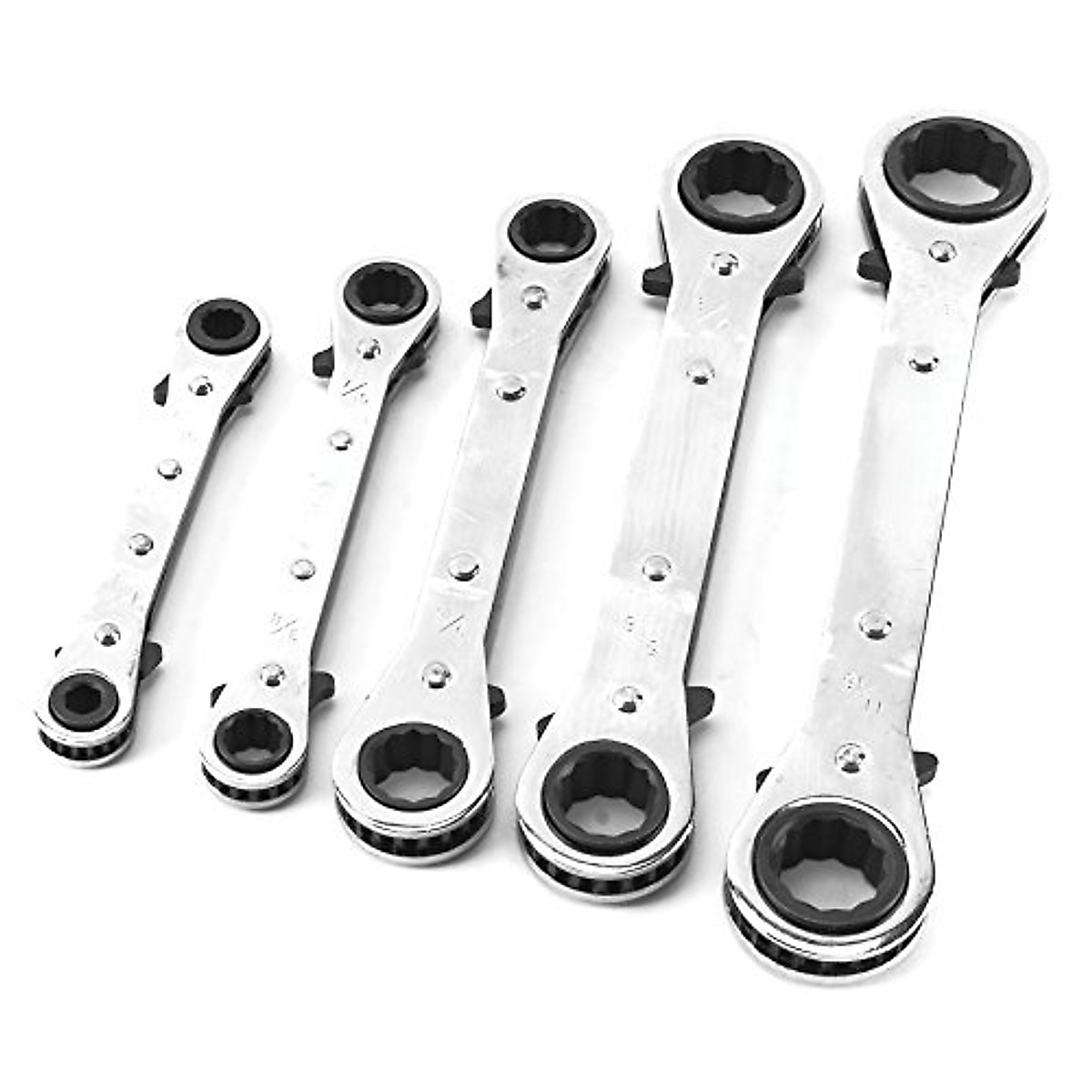 Performance Tool W709 SAE Reversible Ratcheting Wrench Set with 12 Point Box Ends, 5 Piece, 1/4-Inch to 11/16-Inch Sizes and Reusable Storage Rack