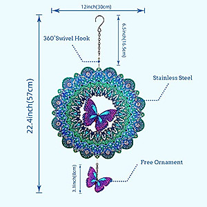 DREAMYSOUL Outdoor Wind Spinner Metal, 12 Inches Butterfly Hanging Wind Spinners 3D Garden Wind Sculpture for Outdoor Garden Patio Decoration