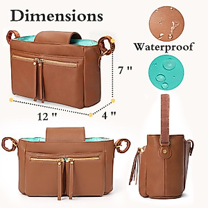 MOMINSIDE Stroller Organizer With Insulated Cup Holders, 10 Pockets Stroller Accessories Leather, Universal Stroller Caddy, Adjustable Straps, Zippered Pocket, Fit All Strollers (Brown)