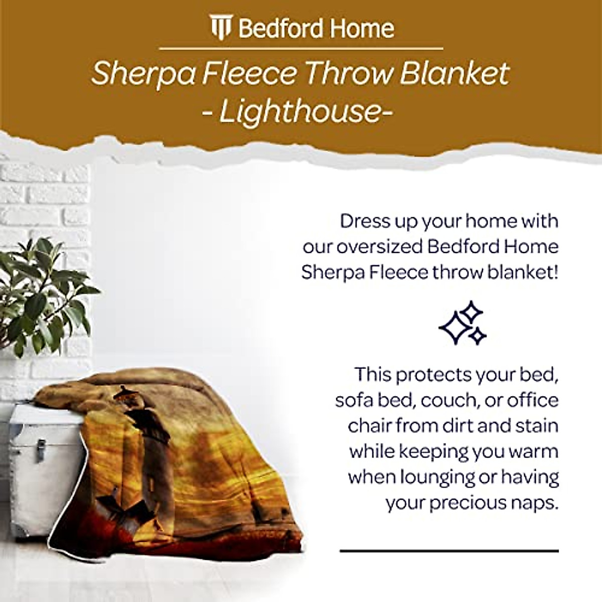 Bedford Home Sherpa Fleece Throw Blanket- Lighthouse Print Pattern, Lightweight Hypoallergenic Bed or Couch Soft Plush Blanket for Adults and Kids