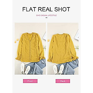 Diukia Women's Fashion Cute Swiss Dot Pom Pom Puff Long Sleeve Pullover Blouses Summer Sexy Lace Trim V Neck Blouse Tops Ladies Casual Loose Solid Chiffon Shirts Blouses for Autumn Spring Yellow XL
