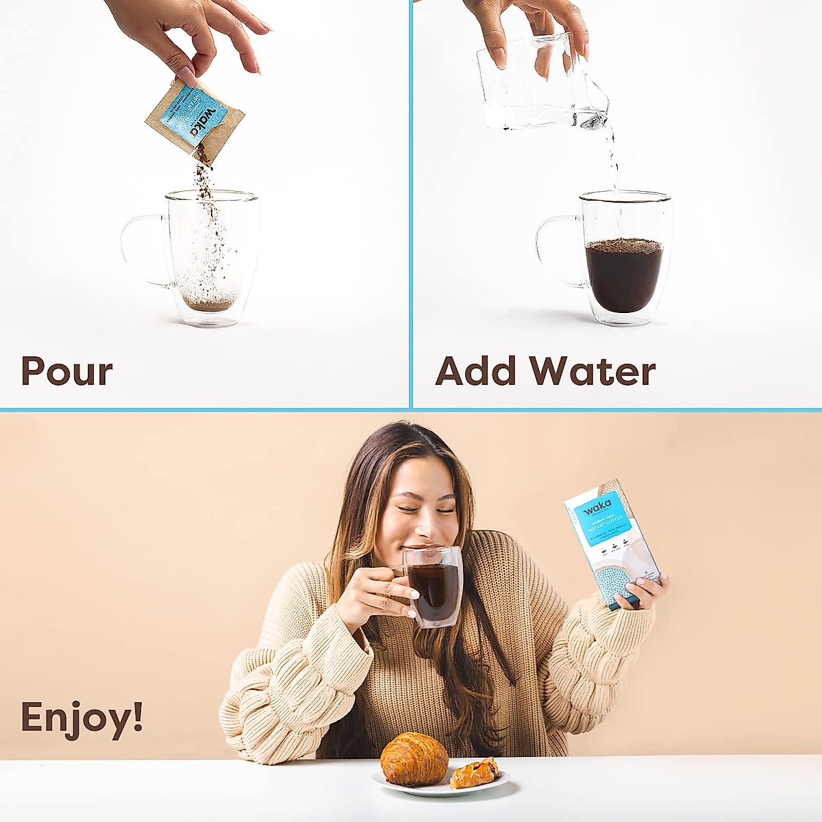 Waka Premium Instant Coffee Medium Roast, 8 Single Serve Packets in a Recyclable Box, 100% Arabica Beans, Freeze Dried Granules, For Hot or Iced Coffee