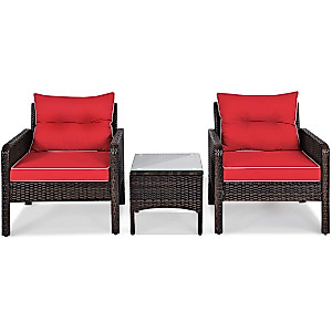 COSTWAY 3PCS Patio Furniture Set, Outdoor Wicker Cushioned Sofa Set with Coffee Table, All Weather Rattan Conversation Set for Garden Balcony Backyard Poolside Lawn, Red