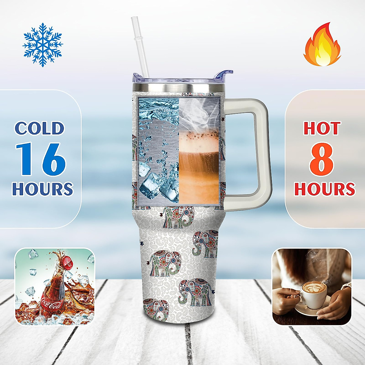 qoepfnsh 40 oz Elephant Tumbler with Handle and Straw, Boho Bohemian Floral Stainless Steel Vacuum Insulated Travel Coffee Mug Cup Water Bottle, Elephant Stuff Accessories Decor Gifts for Women Girls