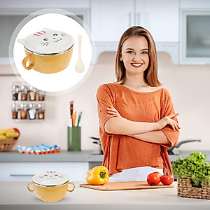 Hemoton Stainless Steel Noodle Bowl with Lid Cartoon Cat Bowl Instant Noodle Bowl Insulated Ramen Bowl Pasta Bowl Kitchen Tableware Yellow