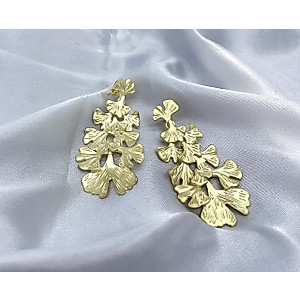 Vintage Earrings for Women Matt Metal Ginkgo Biloba Textured Statement Earring 14K Gold Plated Dangle Earrings with Stud for Women Wedding Valentine's Day Anniversary Birthday Mothers Day Christmas