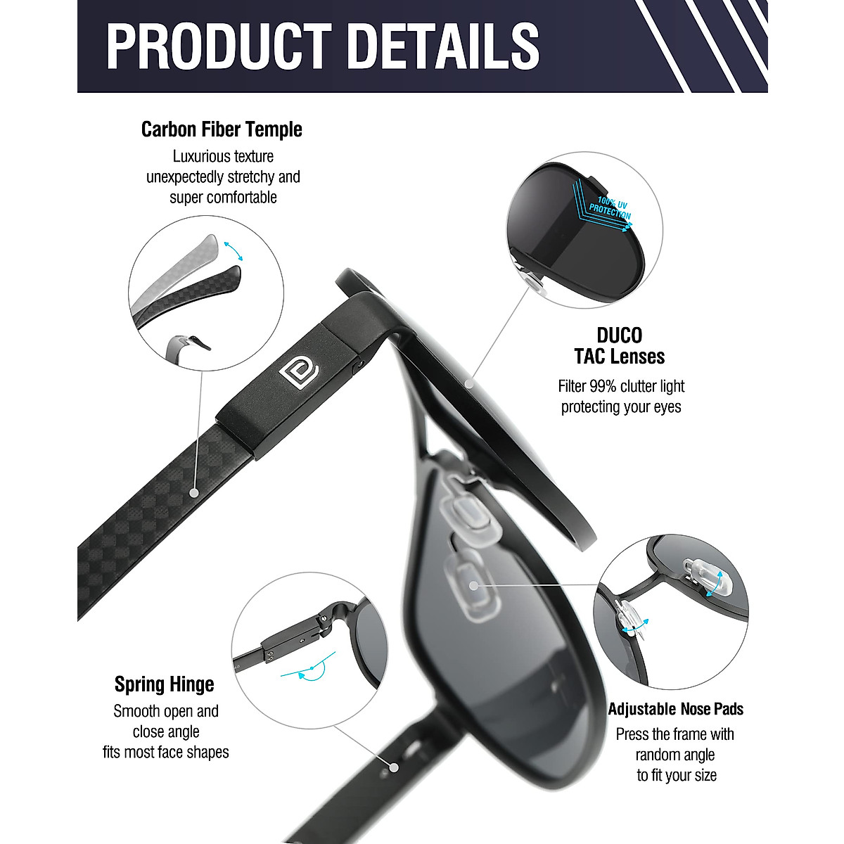 DUCO Aviator Sunglasses For Men Polarized Sunglasses Men UV Protection Carbon Fiber Temple Mens Sun glasses For Driving Black 3051