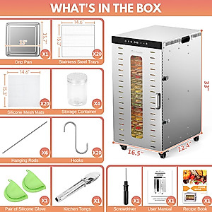 BriSunshine Commercial Dehydrator, 20-Layer Food Dehydrator with LED Light, 1600W, 24H Timer, Large Food Dryer Dehydrated for Homemade Jerky, Fruits, Dog Treats, Vegetables, Herbs, and Snacks