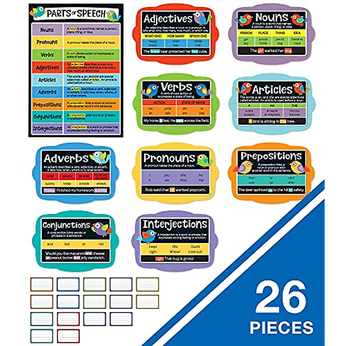Carson Dellosa Boho Birds Parts of Speech Bulletin Board Set—Parts of Speech Chart and Pieces With Definitions and Sentence Examples, Blank Practice Writing Cards, Classroom Boho Decor (26 pc)