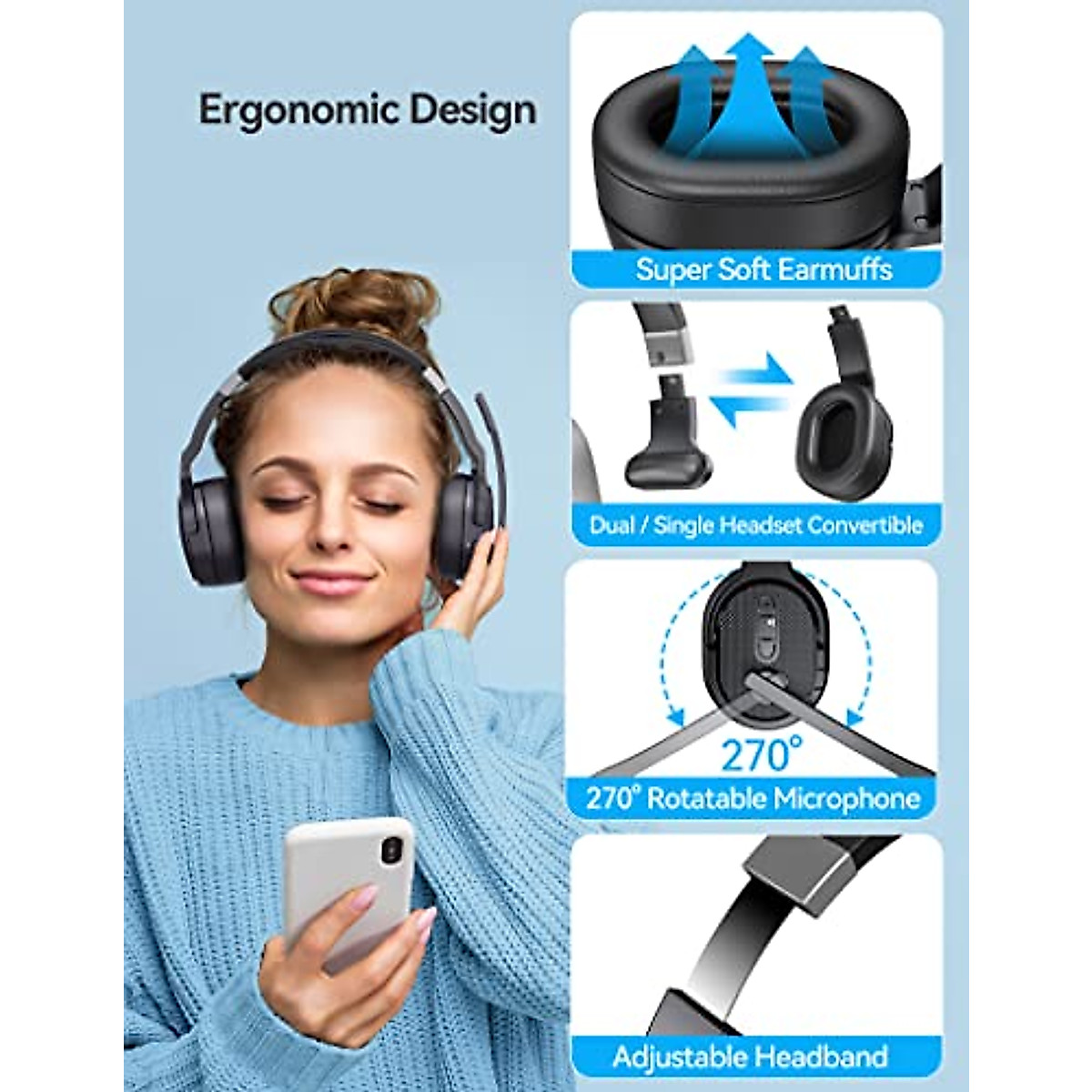 TECKNET Bluetooth Headset, Wireless Bluetooth Trucker Headset with Microphone Noise Cancelling 3 EQ Music Modes, Single and Dual Ear Wireless Headphones for Truck Drivers, Office, Call Centre Work