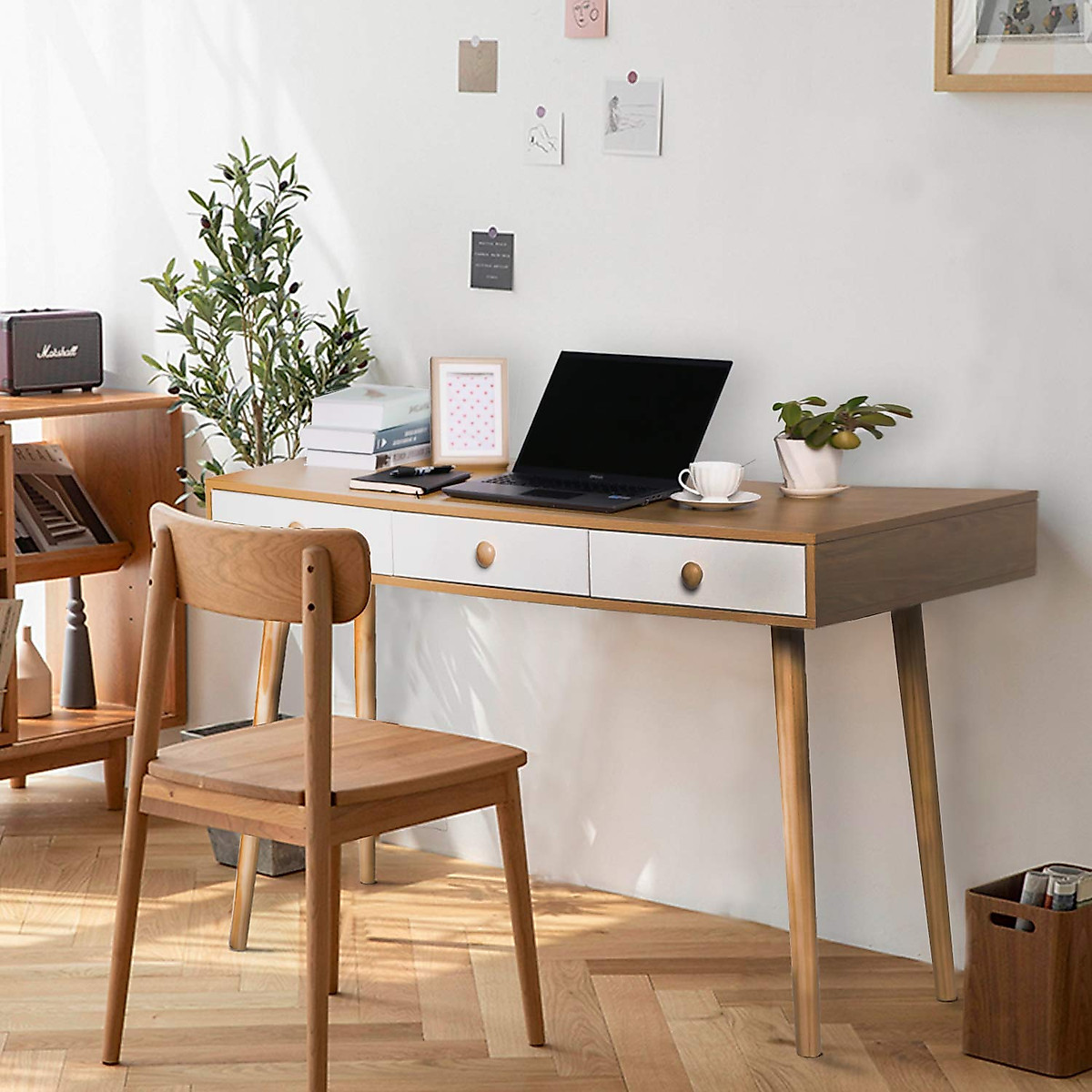 CERBIOR Writing Computer Desk, Laptop Notebook PC Workstation with 3 Drawers, Modern Simple Study Makeup Vanity Table Modern Furniture for Home Office, Burlywood