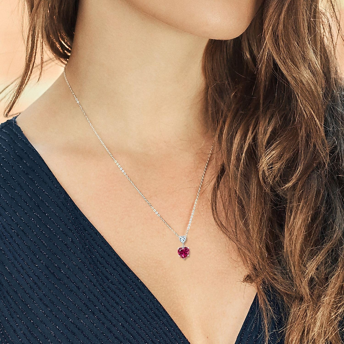 Gem Stone King 925 Sterling Silver Red Created Ruby and Sky Blue Aquamarine Double Heart Pendant Necklace for Women (2.12 Cttw, Heart 8MM and 5MM, with 18 Inch Silver Chain)