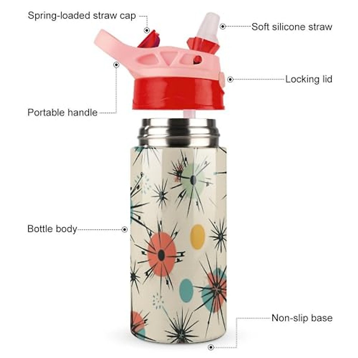 Stainless Steel Water Bottles Atomic Stars Retro Pattern Travel Water Cups with Handle And Silicone Straw Drinking Cup with Leak Proof Lid Thermo Travel Mug for Women Men