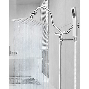 Hibbent All Metal Shower Head, 10'' High Pressure Rainfall Shower Head, Showerhead Combo/Handheld Shower Wand, 12'' Adjustable Curved Shower Extension Arm, 71'' Hose, 2 Shower Head Holders, Chrome