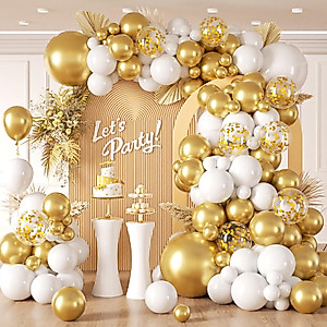 132pcs White and Gold Balloon Arch Kit, Metallic Gold and White Balloons Different Sizes of 18 12 10 Inch Balloons for Wedding Bridal Baptism Engagement Baby Shower Birthday Party Decorations