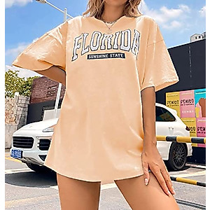 MISSACTIVER Women Florida Letter Graphic Print Tee Shirt Oversized Short Sleeve Crew Neck Drop Shoulder Casual T-Shirt Tops Apricot