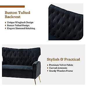 HULALA HOME Velvet Loveseat Sofa with Wingback & Gold Legs, Modern Button-Tufted 2-Seater Sofa for Living Room Bedroom, Comfy Upholstered Small Love Seat Couch, Black