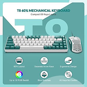 ZIYOU LANG RK-T8PR0 Wired 65% Mechanical Gaming Keyboard and Mouse Combo with RGB LED Backlit Anti-ghosting TKL Mini 68 Key Coiled C to A Cable Tactile Blue Switch for PS4 PS5 Xbox PC Mac Gamer(Green)