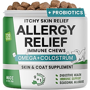 PAWSENTIAL Allergy Relief Dog Chews - Itchy Skin Relief w/Probiotics + Omega 3 + Colostrum - Seasonal Allergies - Anti-Itch Treats - Skin&Coat + Immune Supplement - Made in USA - Chicken Flavor -120Ct